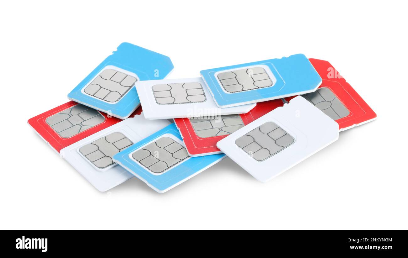 Pile of different SIM cards on white background Stock Photo - Alamy