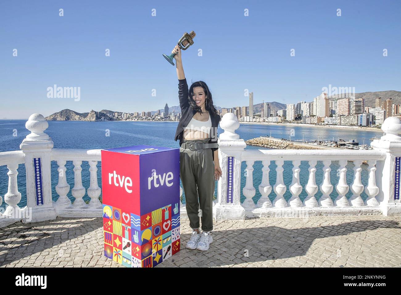 Artist Channel, winner of Benidorm Fest 2022, poses with her trophy at ...