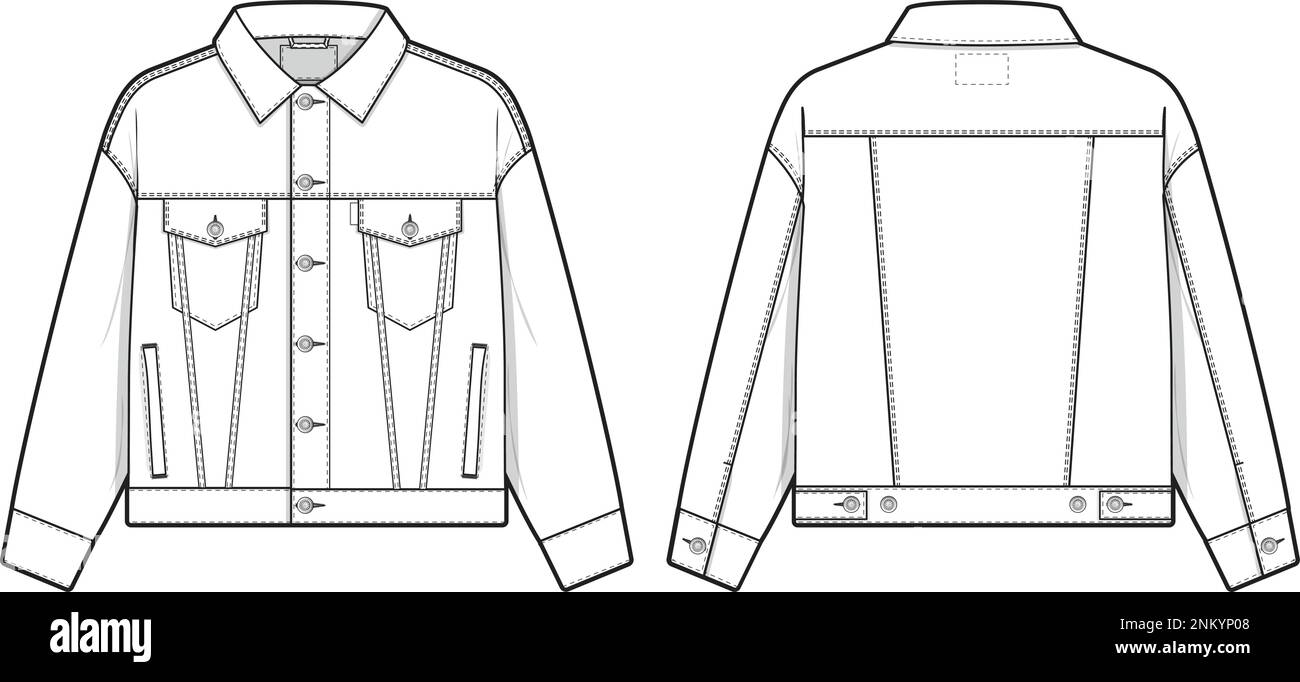 Men unisex regular fit denim jean jacket trucker vector flat technical ...