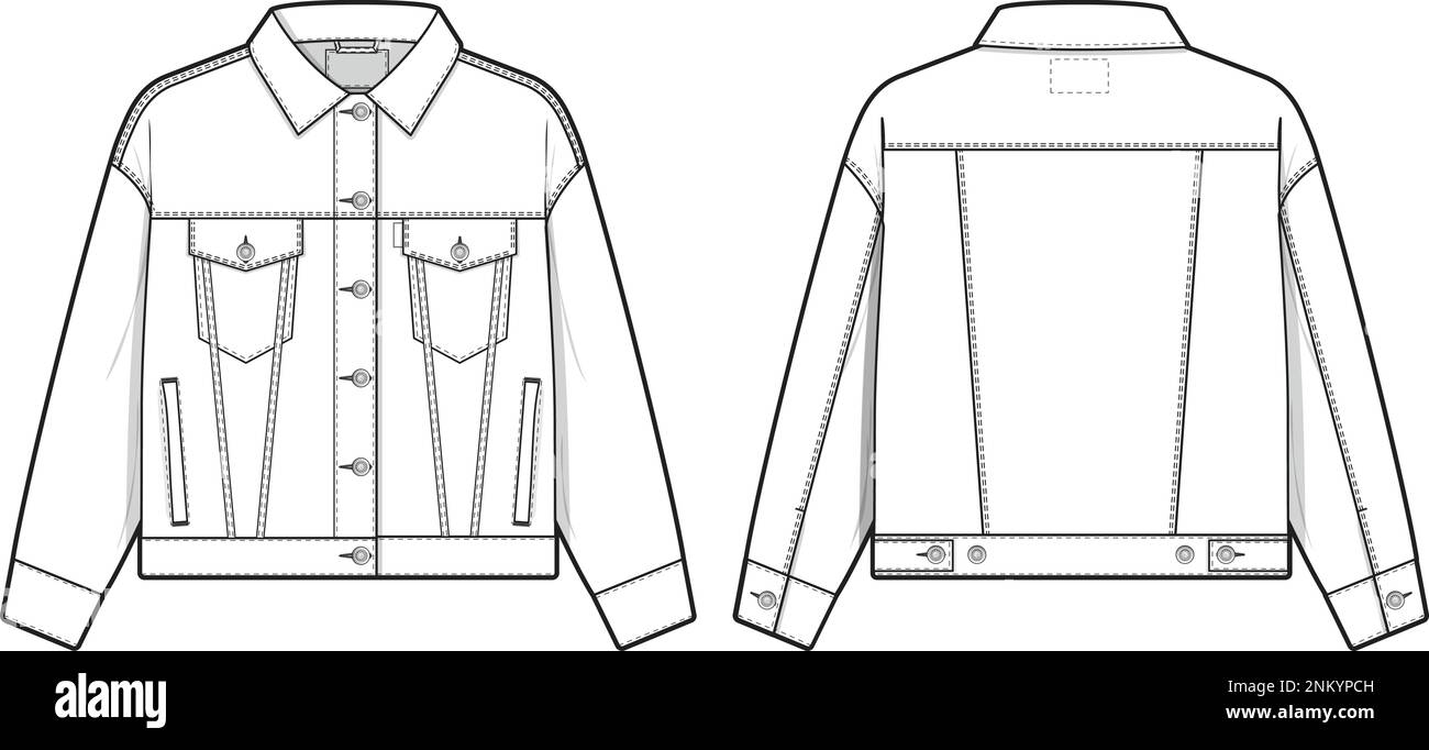 Women regular fit denim jean jacket trucker vector flat technical ...