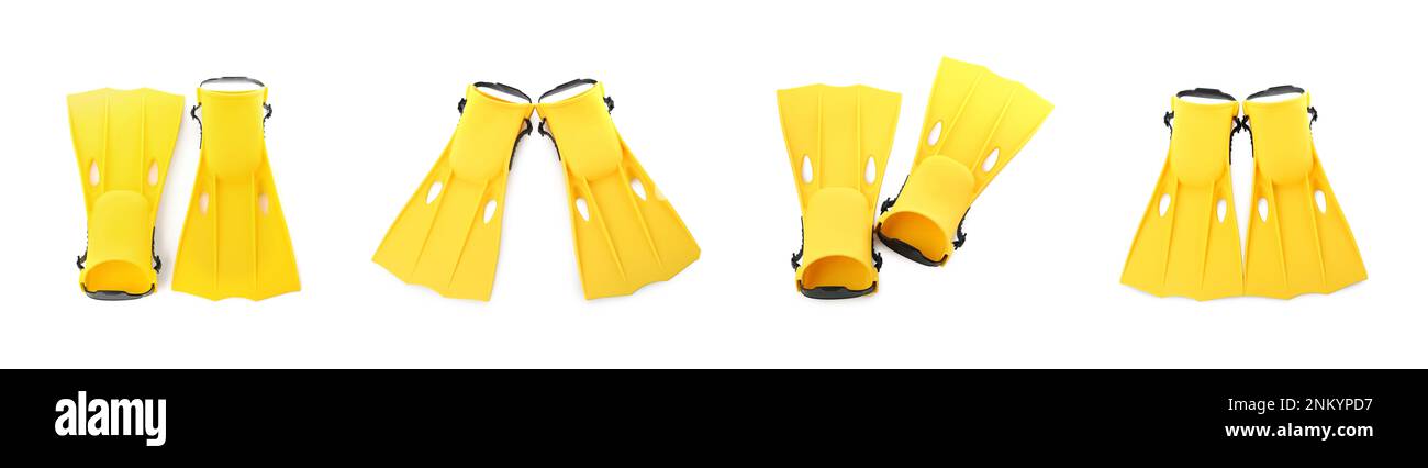 Set with yellow flippers on white background, top view. Banner design ...