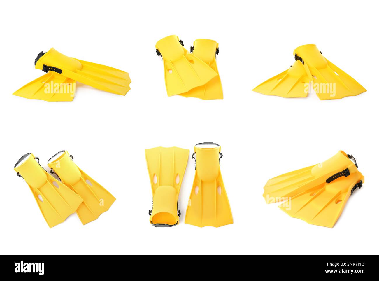 Set with yellow flippers on white background Stock Photo - Alamy