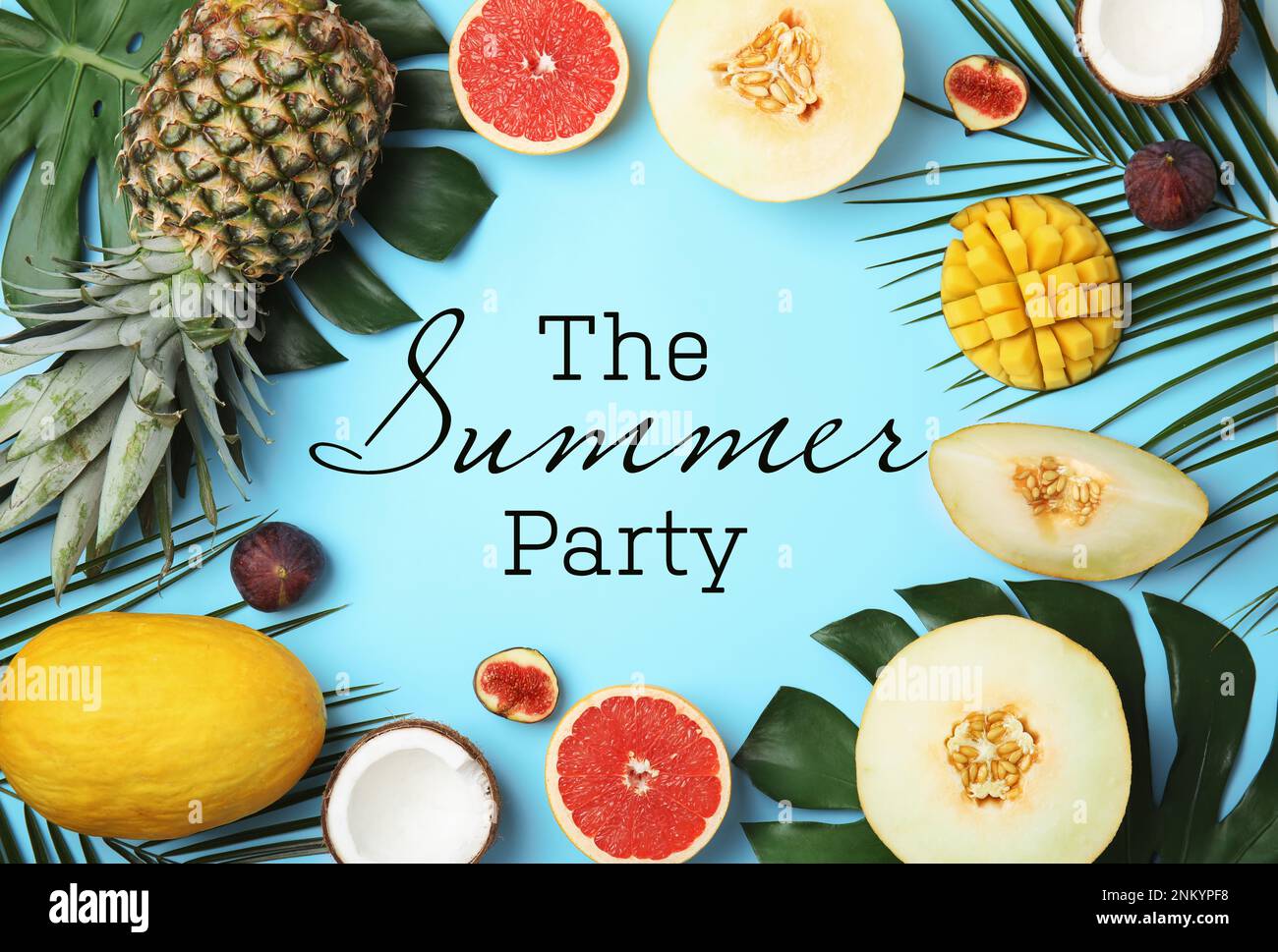 Summer party. Frame made of different fruits on light blue background ...