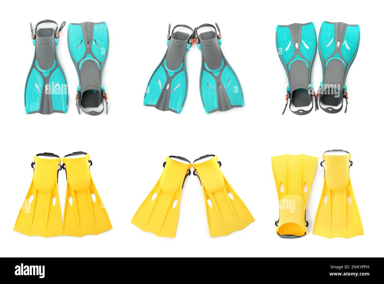 Set with different flippers on white background, top view Stock Photo ...
