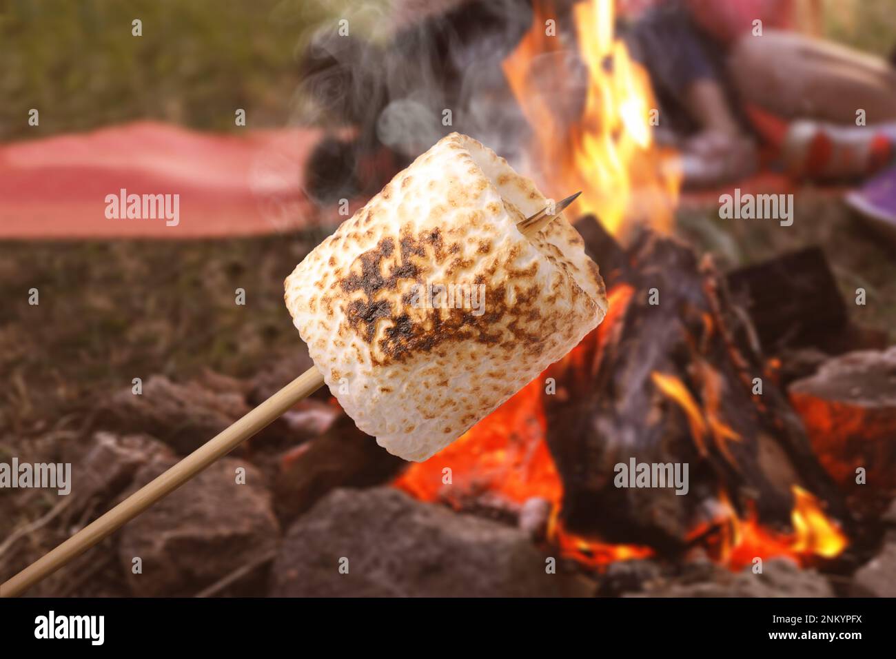 Delicious puffy marshmallow roasting over bonfire outdoors Stock Photo ...
