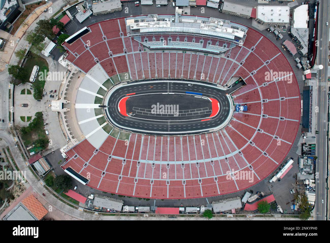 An aerial view of the temporary asphalt racetrack at the Los Angeles Memorial Coliseum for the ...