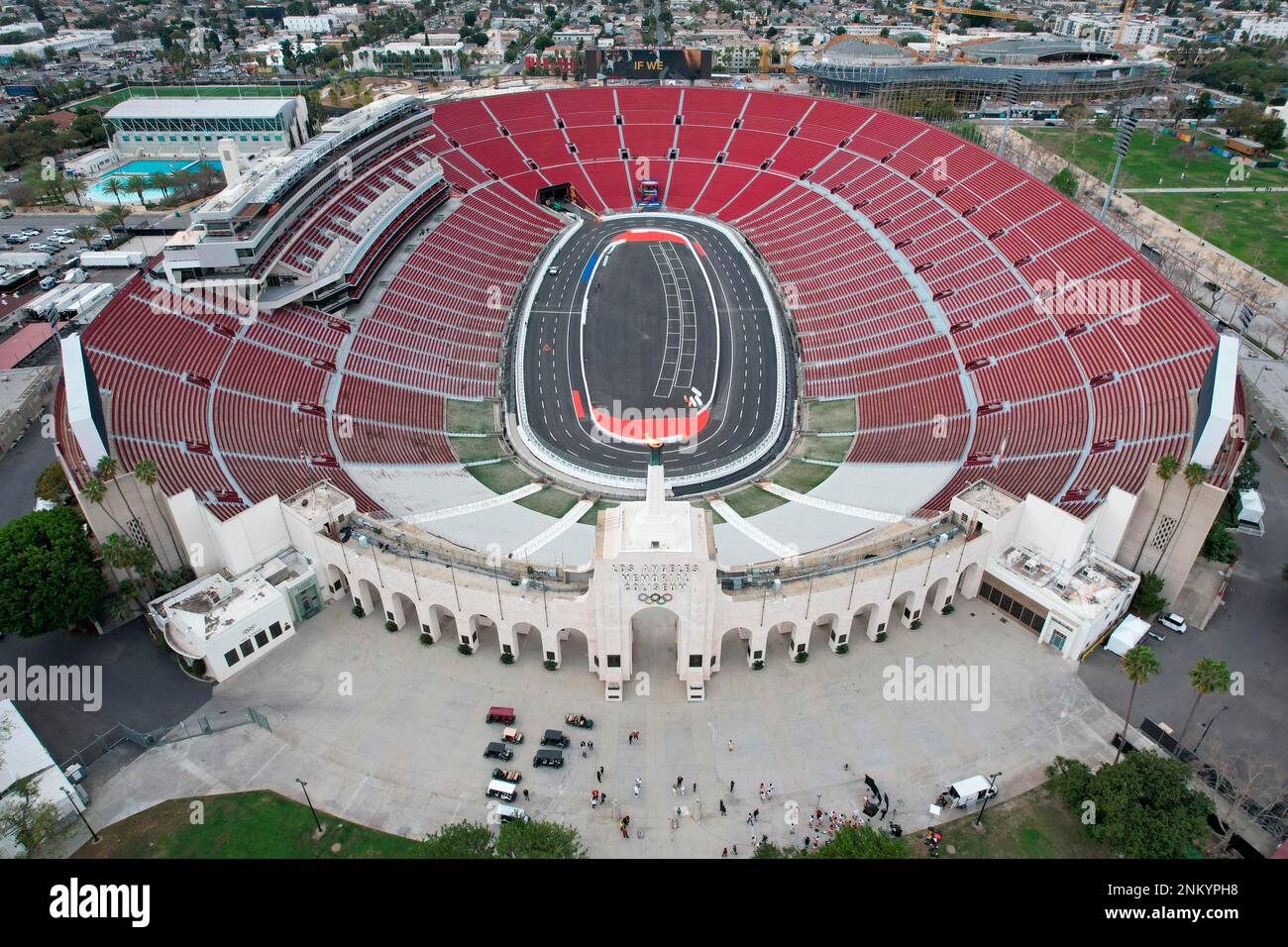 An aerial view of the temporary asphalt racetrack at the Los Angeles Memorial Coliseum for the ...
