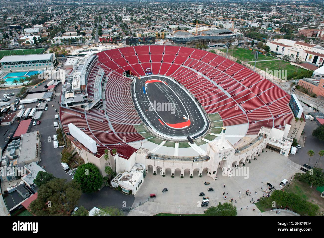 An aerial view of the temporary asphalt racetrack at the Los Angeles Memorial Coliseum for the ...