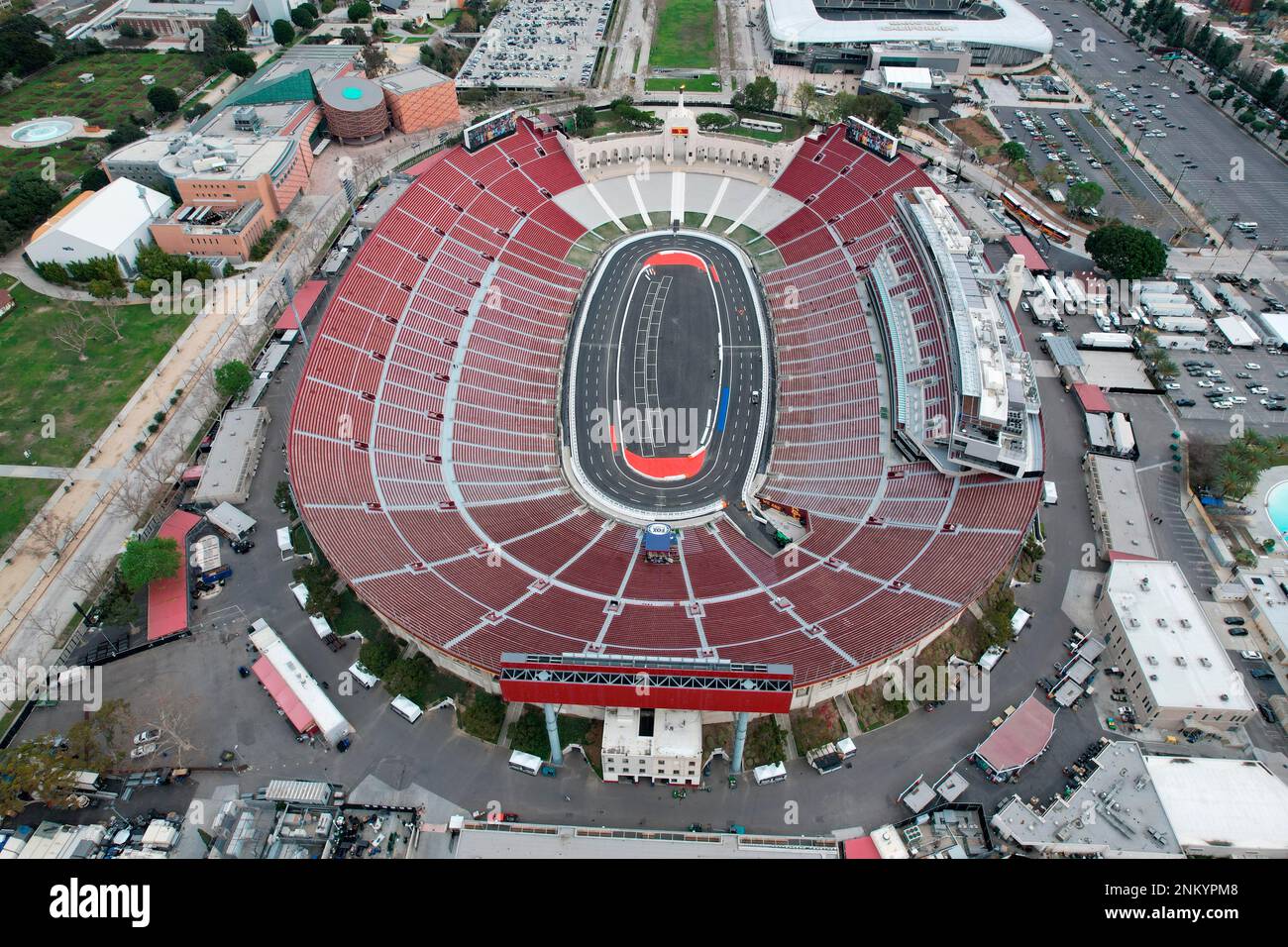 An aerial of the temporary asphalt racetrack at the Los Angeles ...