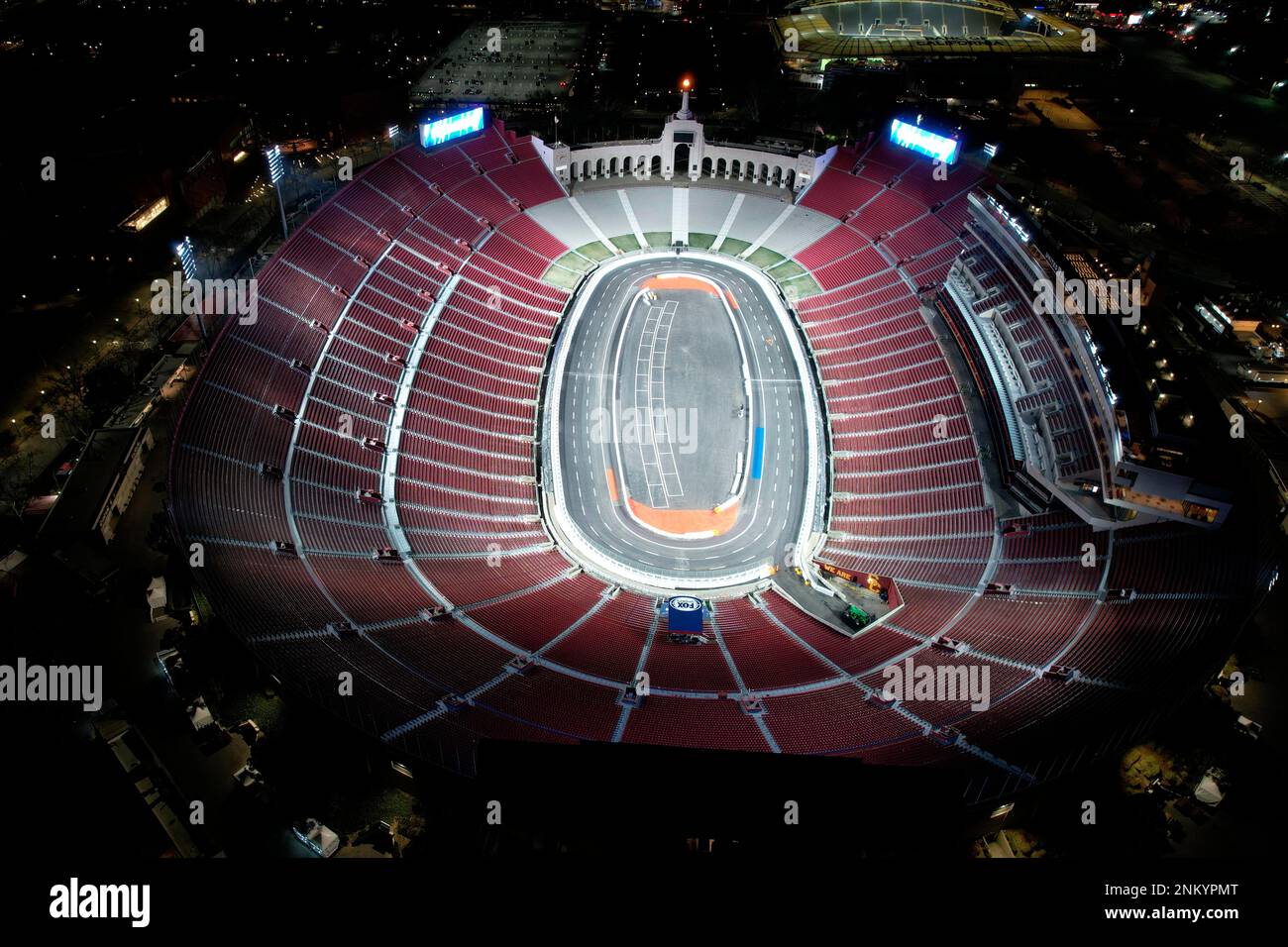 An aerial of the temporary asphalt racetrack at the Los Angeles ...