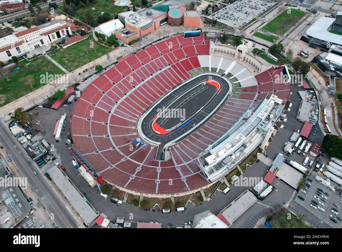 An aerial of the temporary asphalt racetrack at the Los Angeles ...