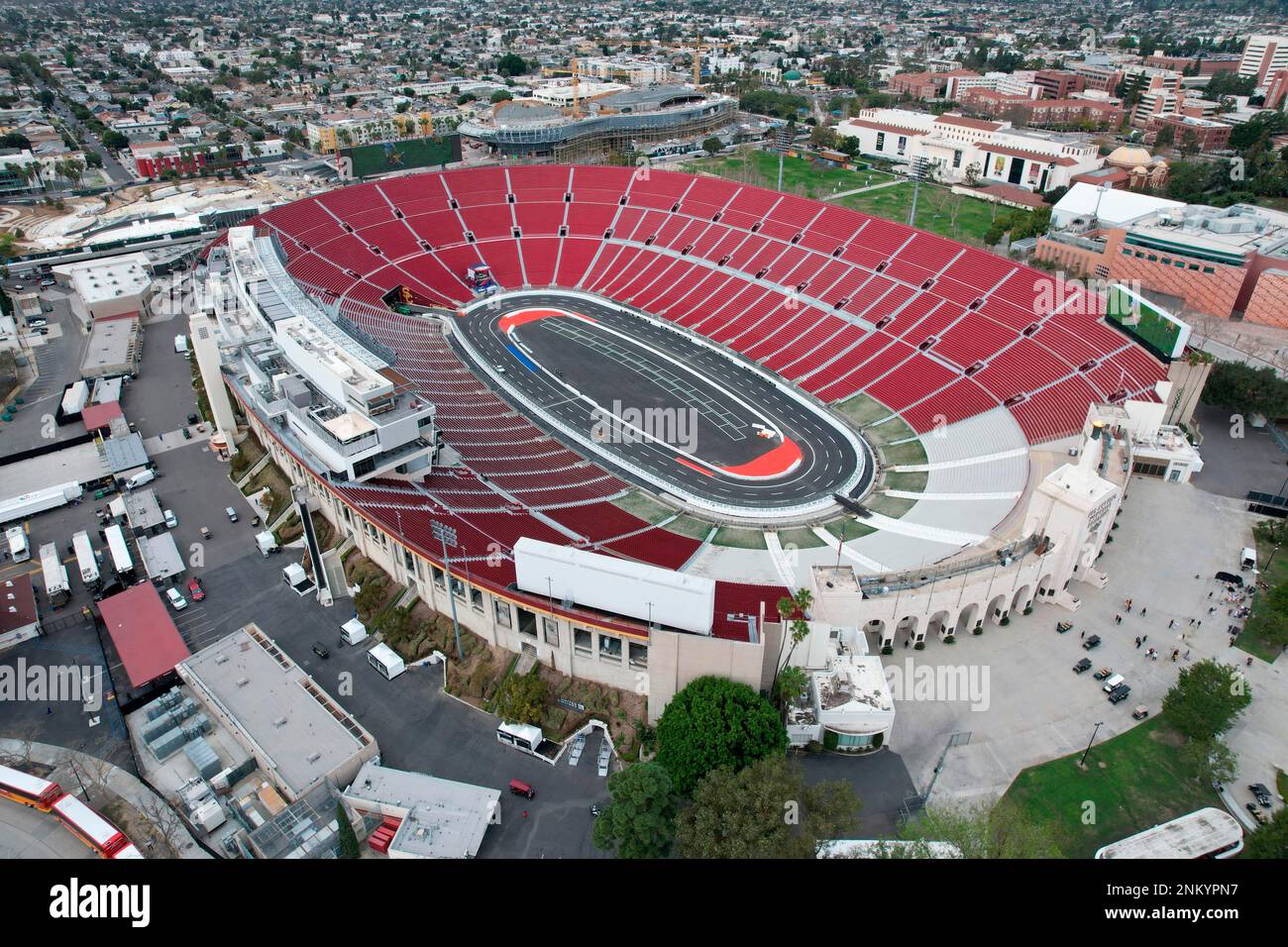 An aerial of the temporary asphalt racetrack at the Los Angeles ...
