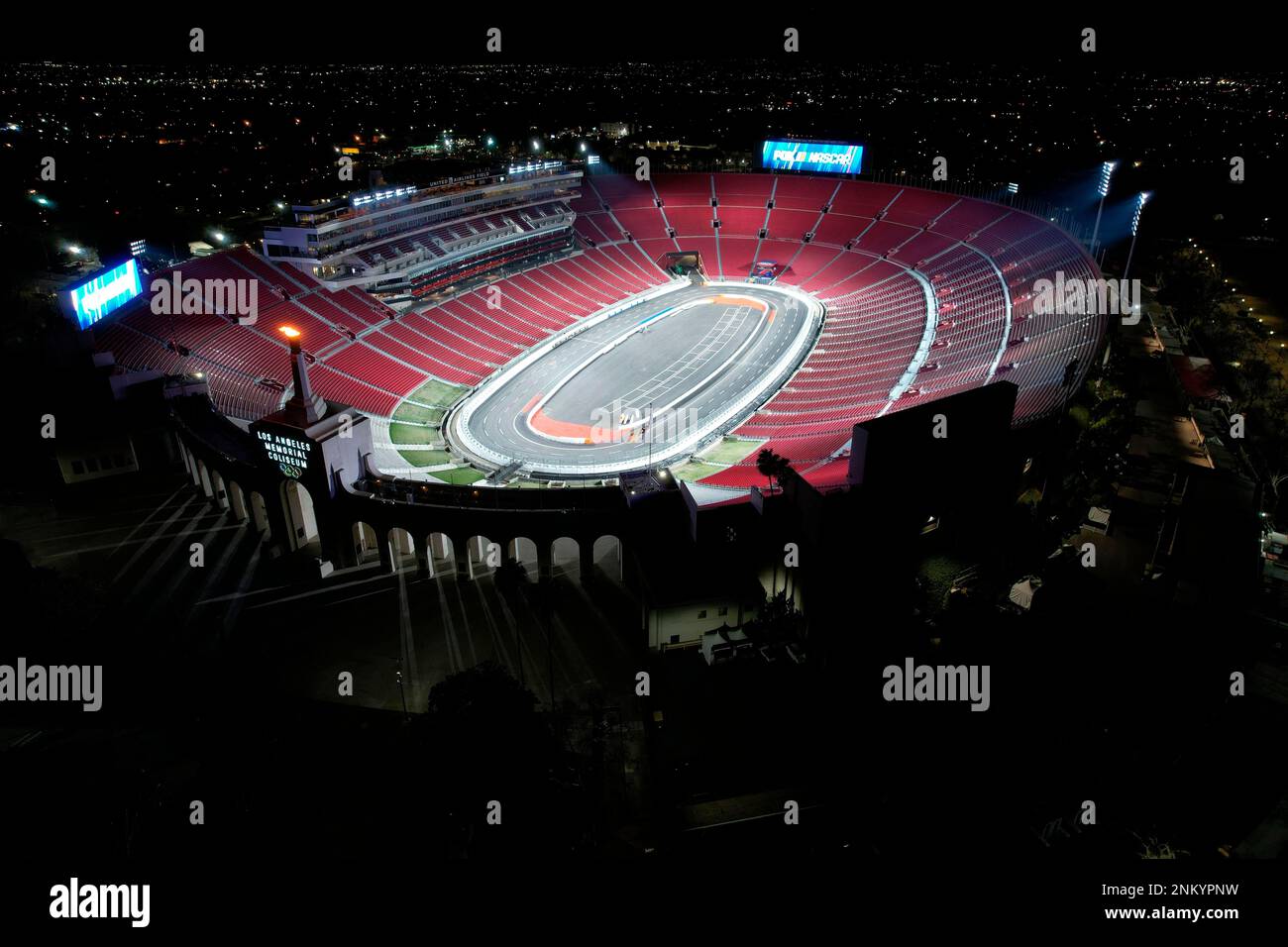 An aerial of the temporary asphalt racetrack at the Los Angeles ...