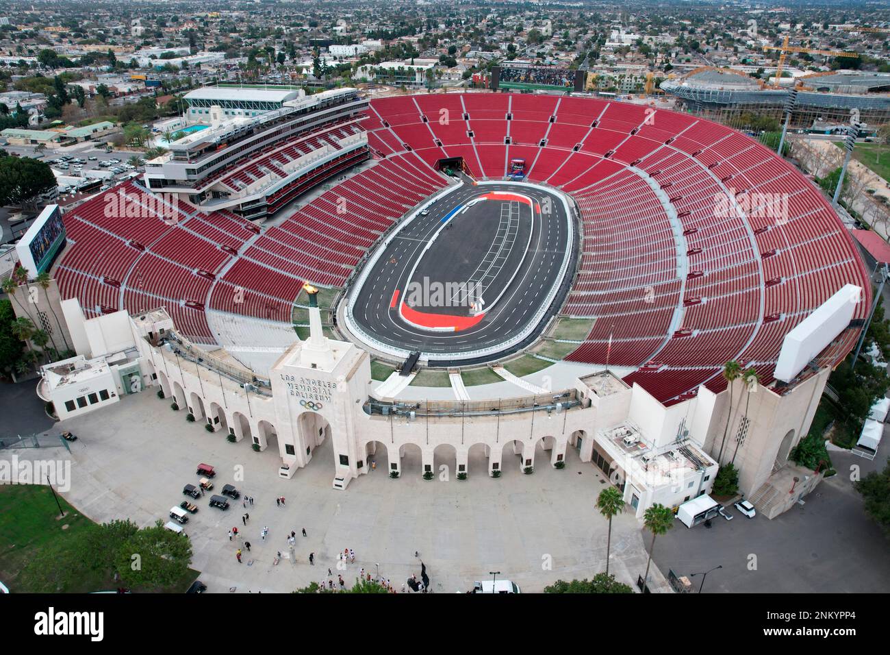 An aerial of the temporary asphalt racetrack at the Los Angeles ...