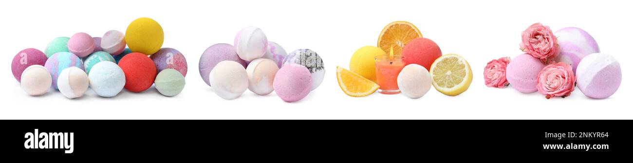 Set with aromatic bath bombs on white background. Banner design Stock ...