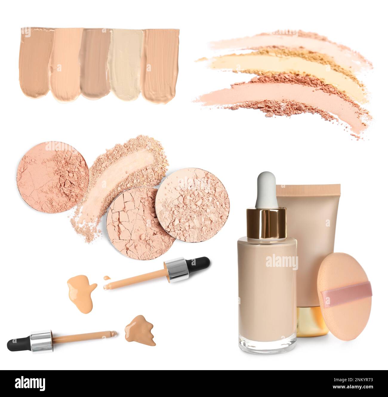 Set with different liquid foundation and face powder on white ...