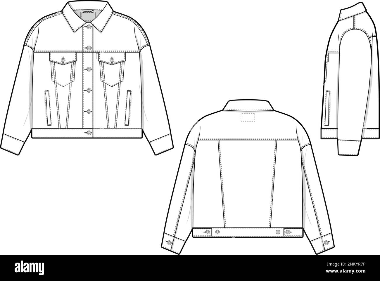 Women oversized baggy denim jean jacket trucker vector flat technical ...