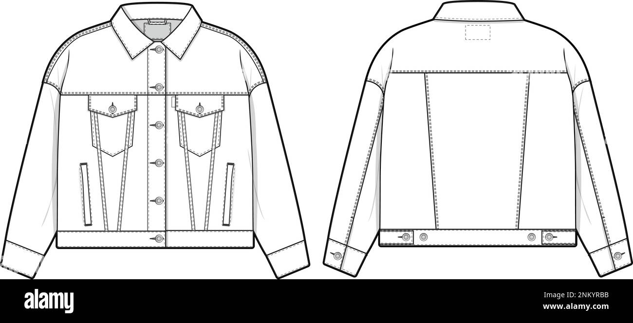 Women oversized baggy denim jean jacket trucker vector flat technical ...