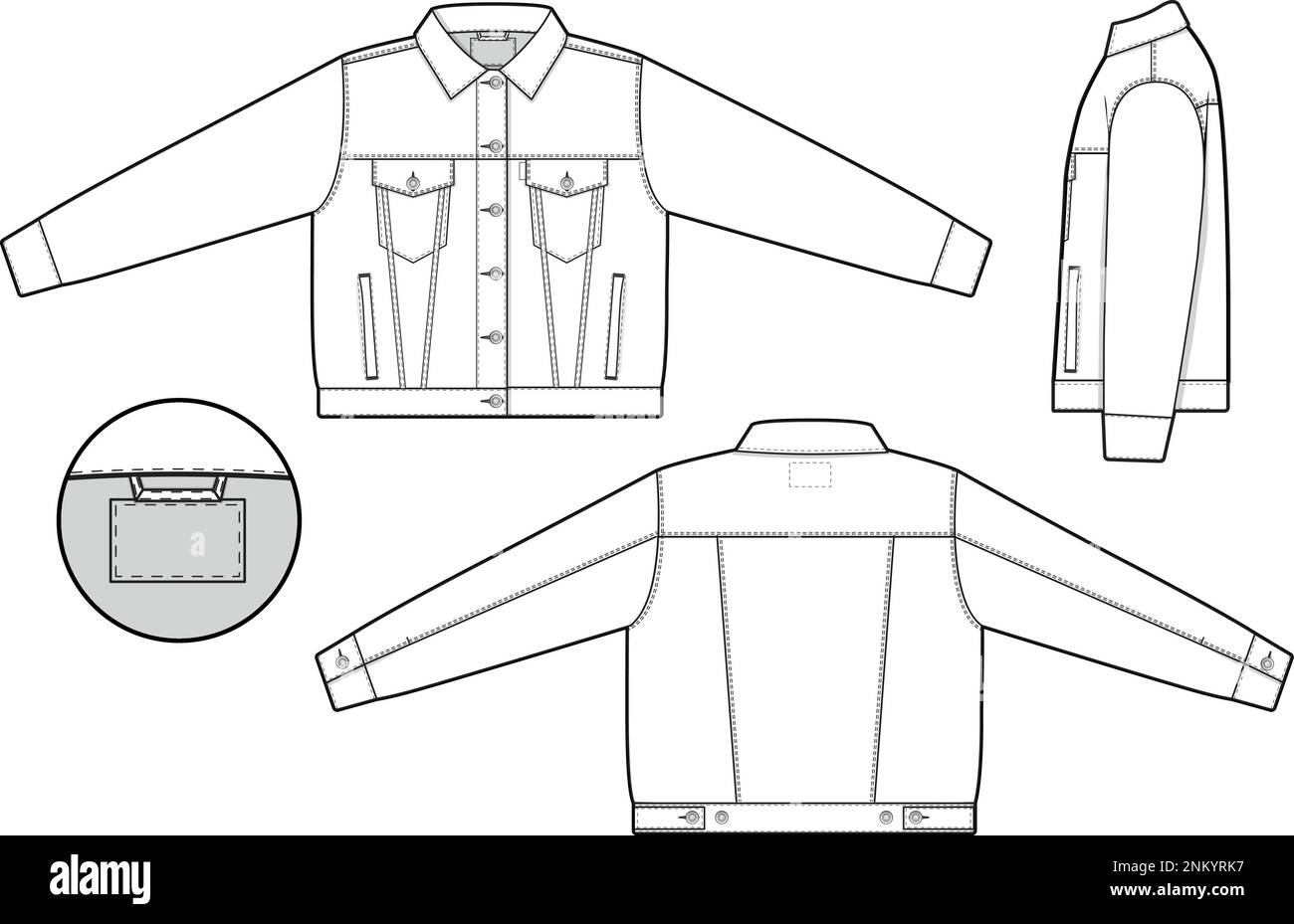 Women oversized baggy denim jean jacket trucker vector flat technical ...