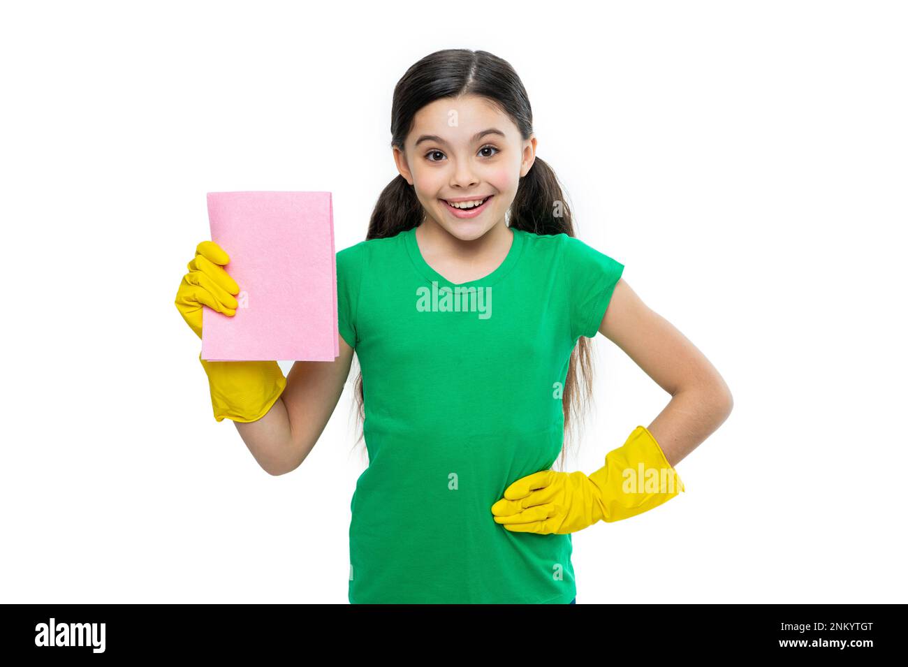 surprised girl cleaner do chores on background. photo of girl cleaner ...