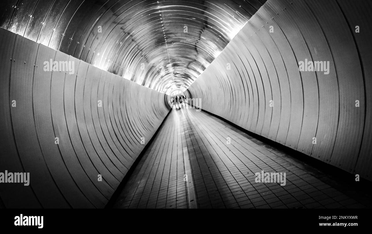 Rear view of people standing in illuminated tunnel Stock Photo - Alamy