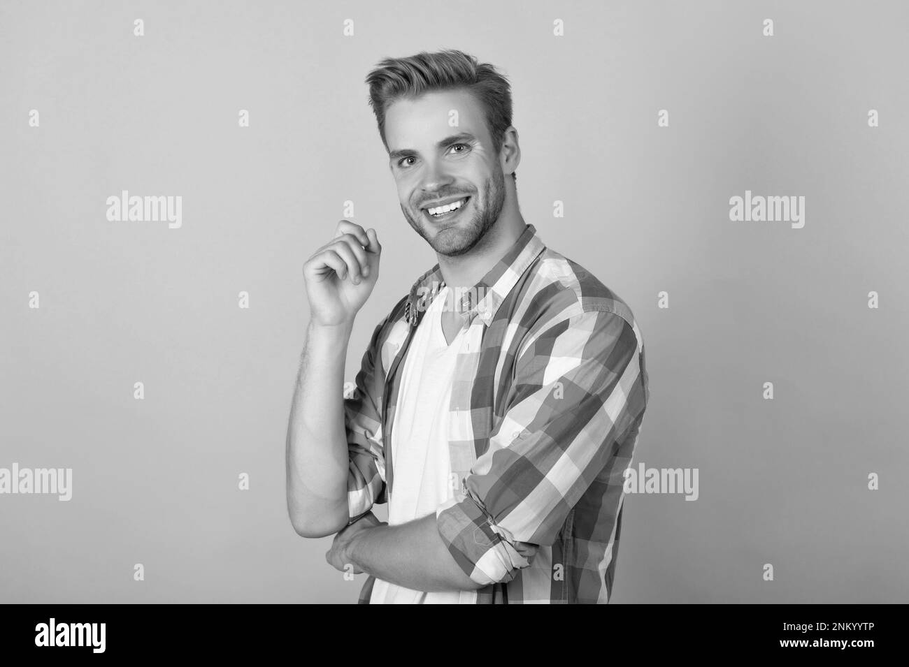 Keep smiling. Man with smiling face. Happy guy portrait yellow ...