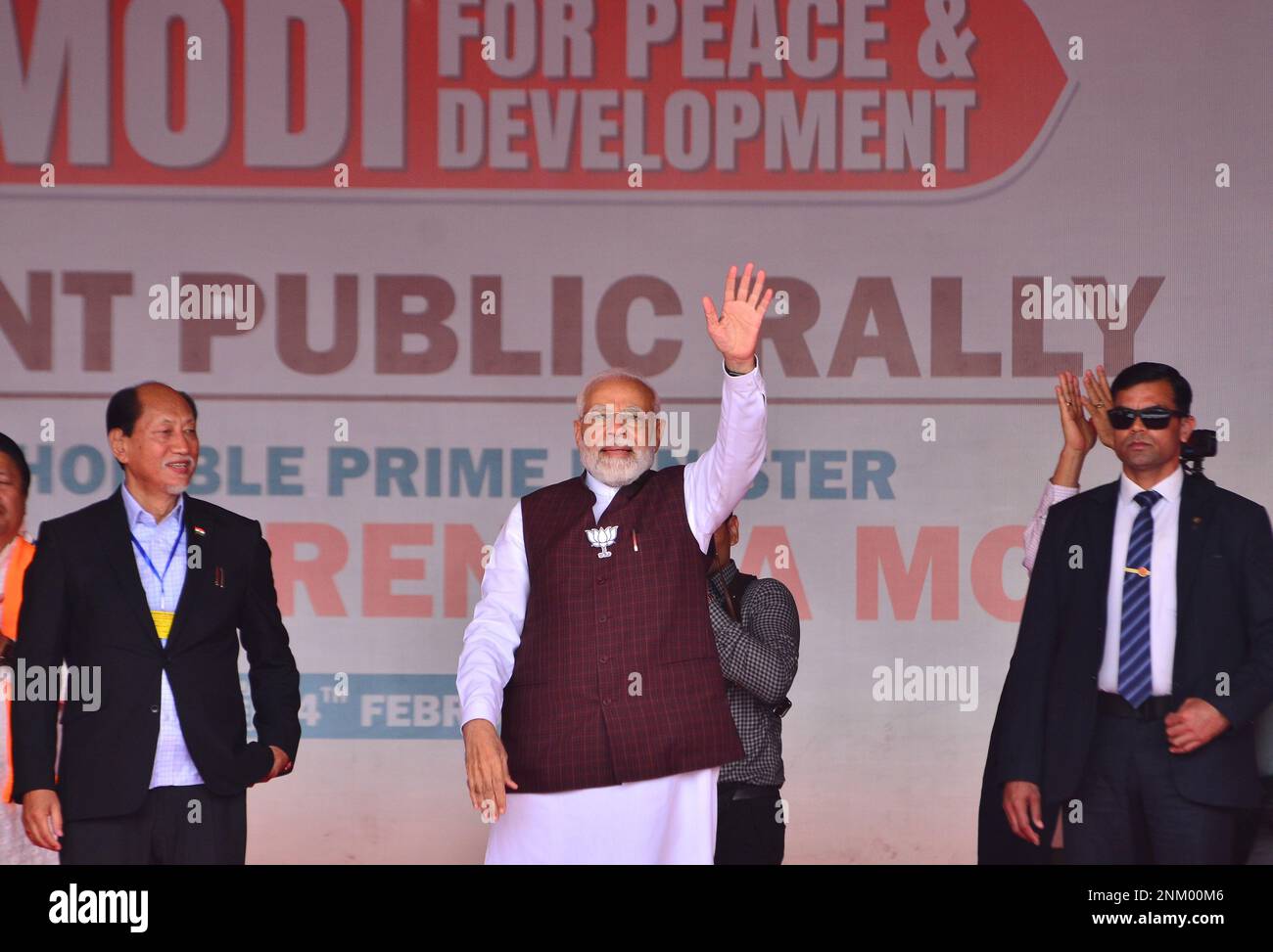 Chumukedima, India. 24th Feb, 2023. Prime Minister Narendra Modi greets ...