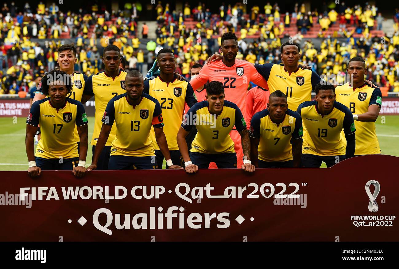 Players of Ecuador line up for a team photo before a qualifying soccer ...