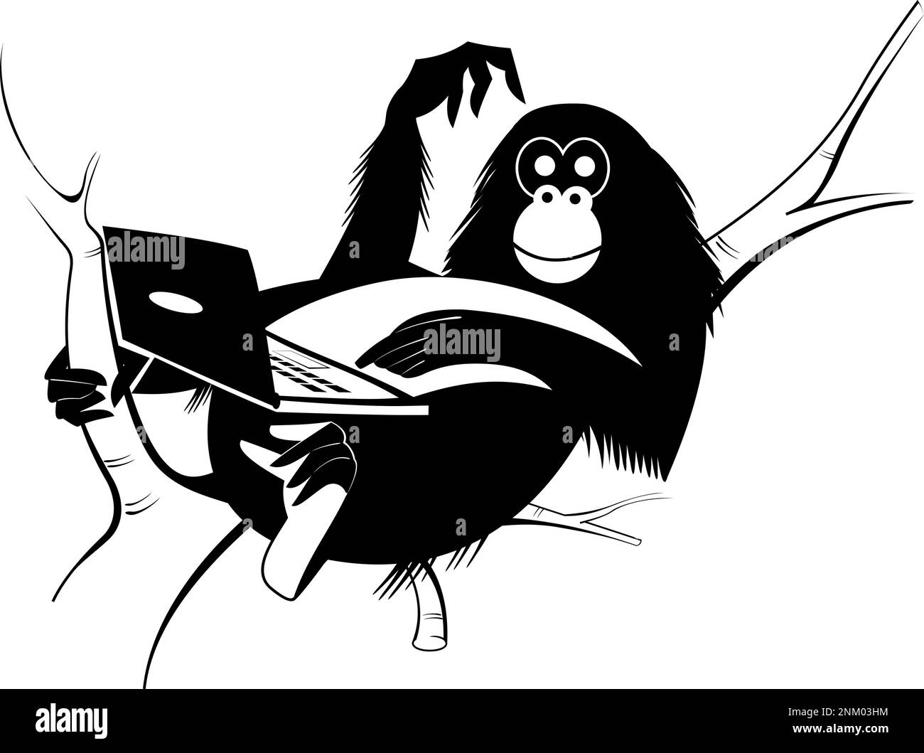 Monkey with laptop illustration. Monkey lies on the tree with computer ...