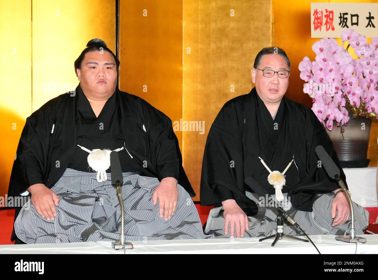 Sekiwake Mitakeumi (L), a sumo wrestler speaks with stable master ...