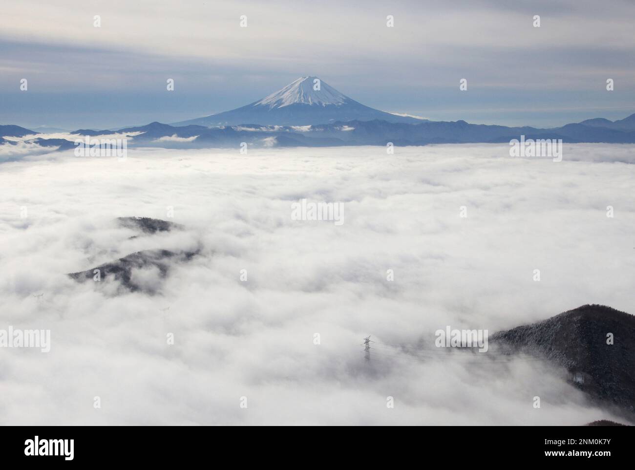 An aerial photo shows Kofu Basin covered with a sea of clouds with ...