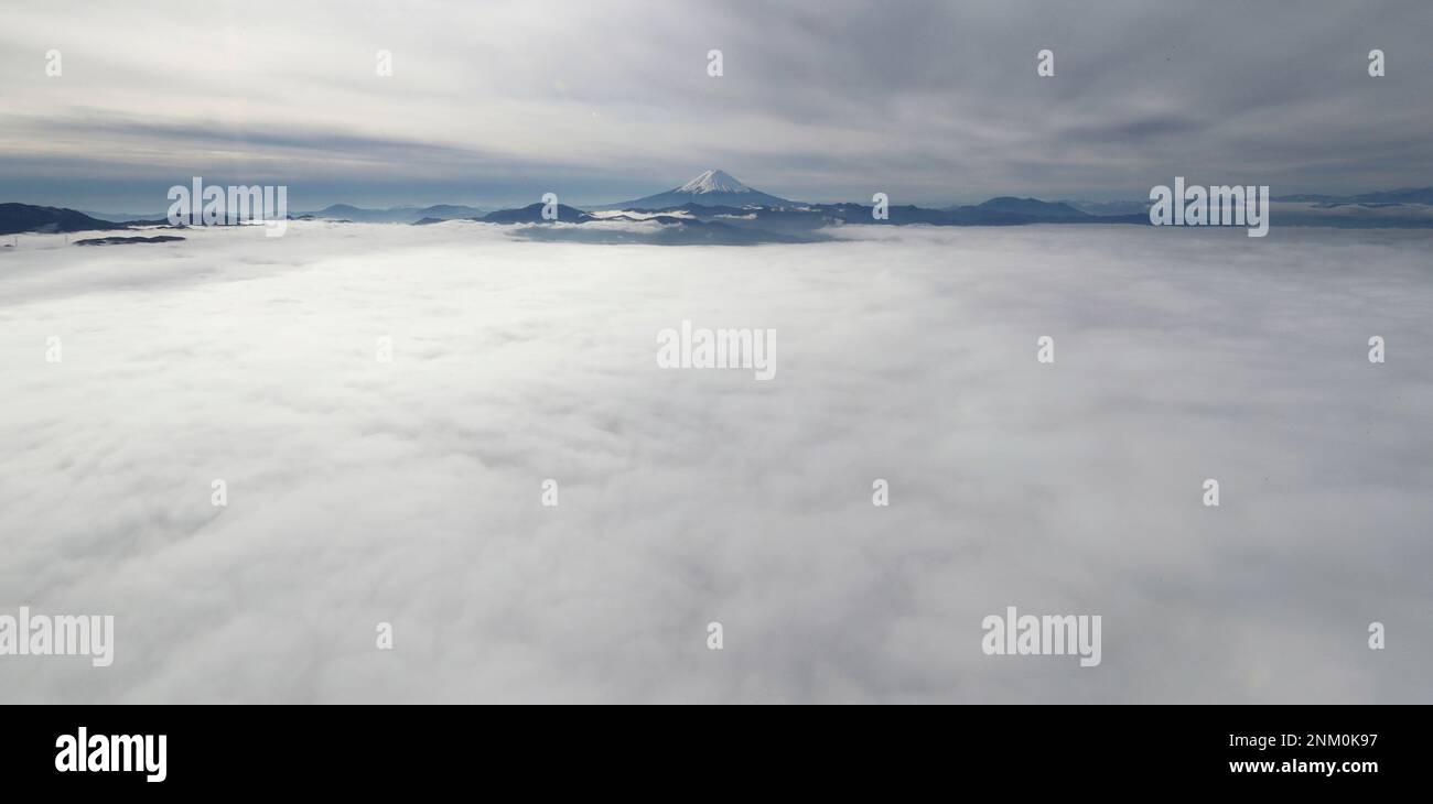 An aerial photo shows Kofu Basin covered with a sea of clouds with ...