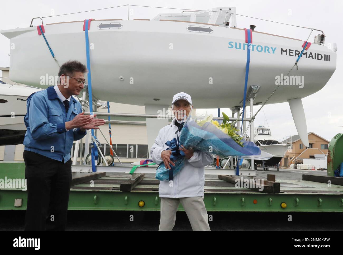 83-year-old ocean adventurer Kenichi Horie (R), who will try sail a ...