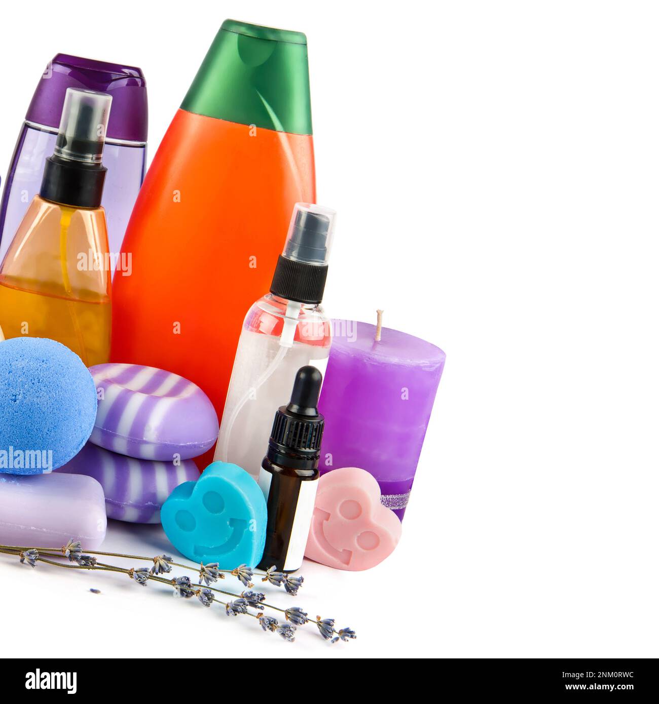 Cosmetic and hygiene products with lavender extract isolated on white ...