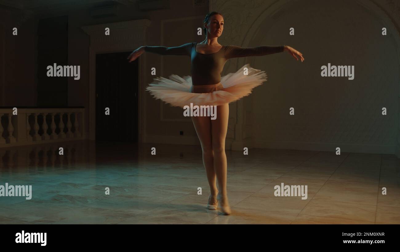 Cinematic shot of graceful female ballet dancer on choreography ...