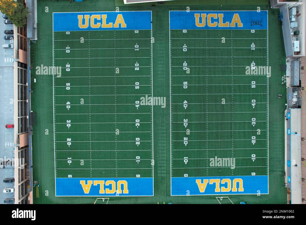An aerial view of the practice fields at the Wasserman Football Center ...
