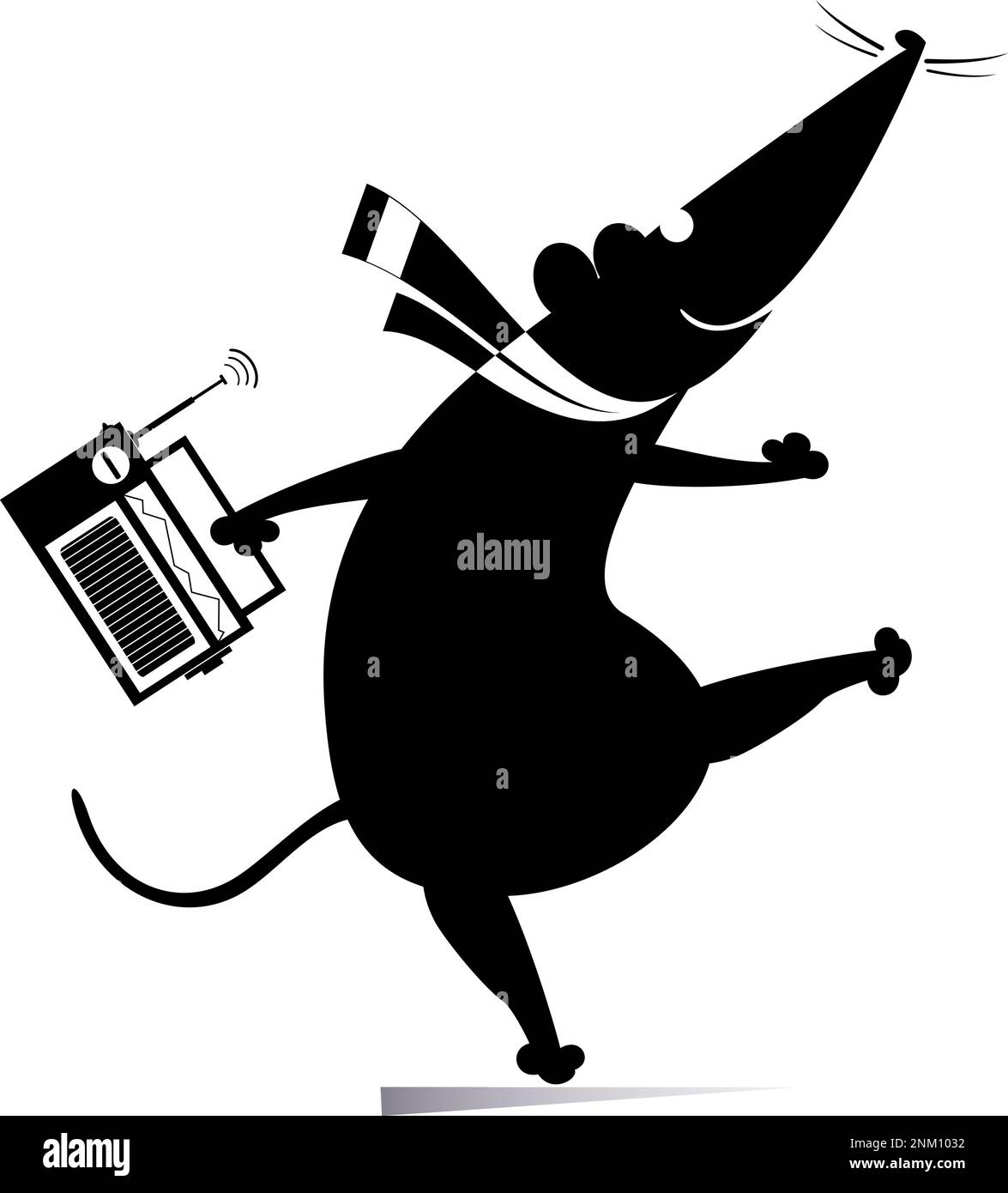 Cartoon rat or mouse dances and listens the radio isolated illustration ...