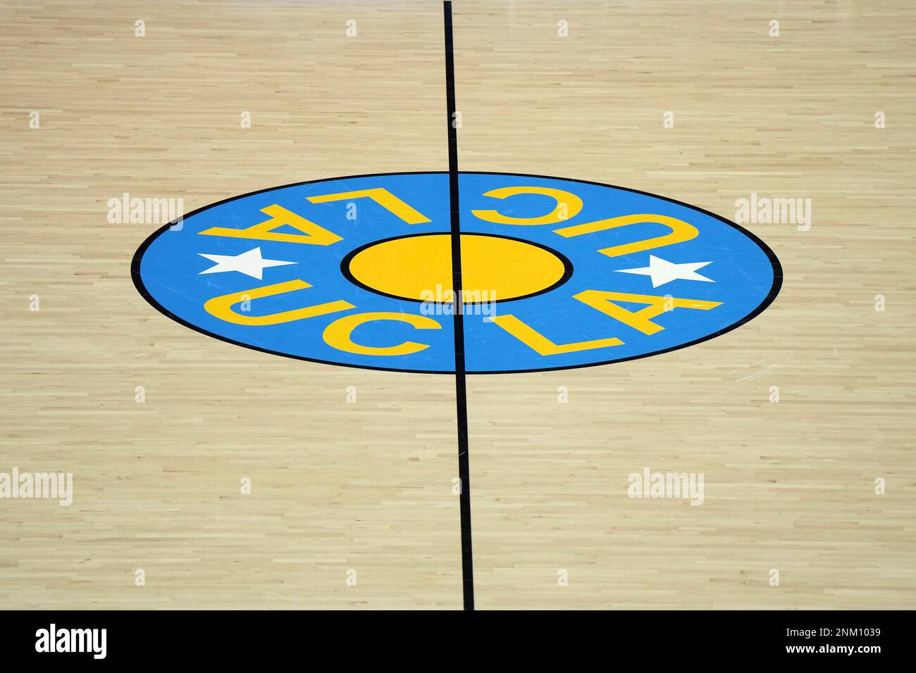 The UCLA Bruins logo is seen at mid court at Pauley Pavilion, Thursday ...