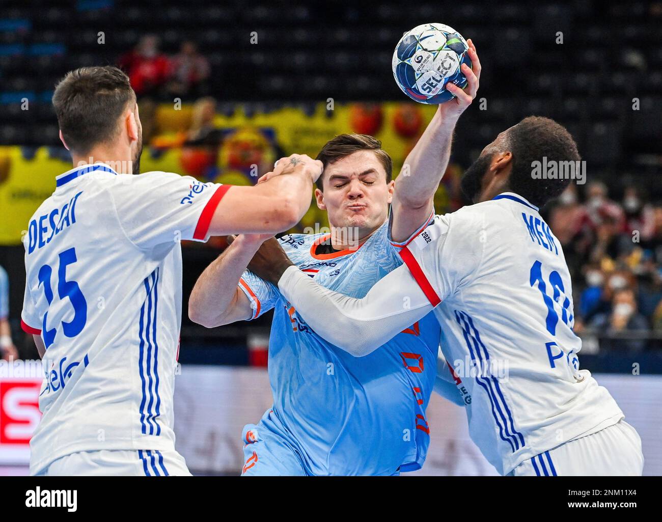 Hugo Descat, left, and Dika Mem, right, of France in action against Kay ...