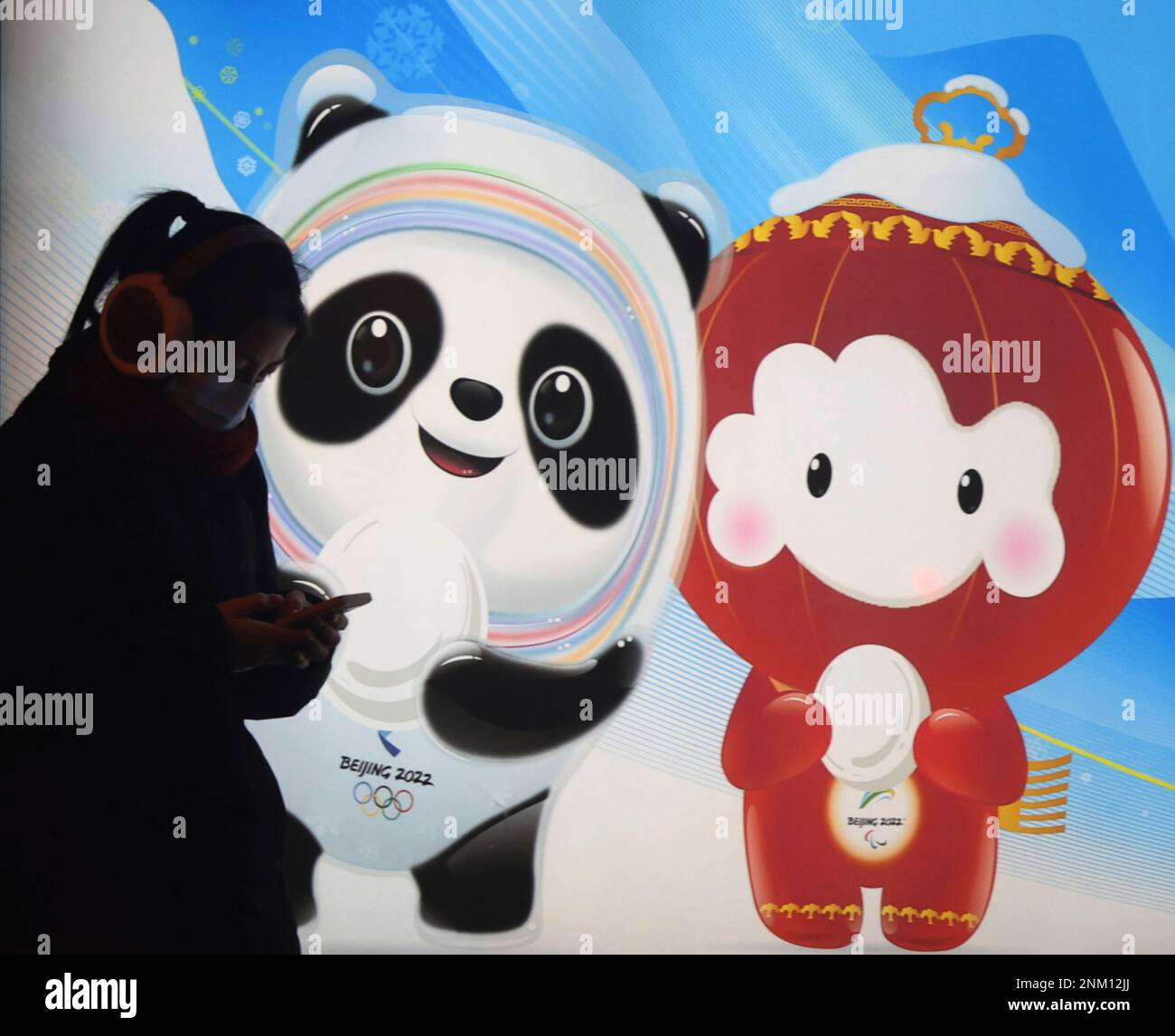 The Beijing Winter Olympic and Paralympic mascots are seen near venue in Beijing on January 20 ...