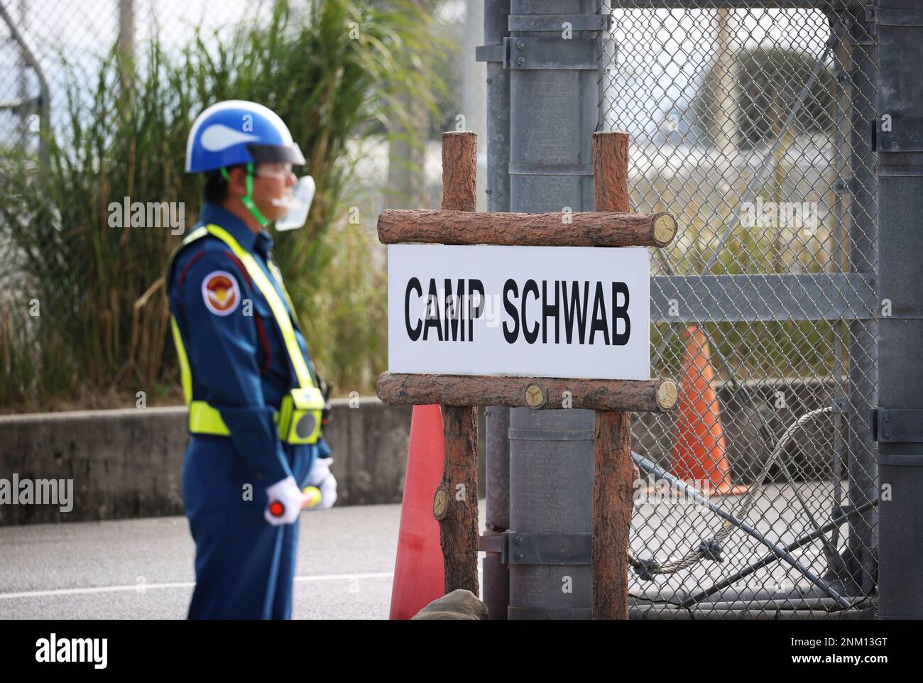 A photo shows a gate of Camp Schwab in Nago City, Okinawa Prefecture on ...