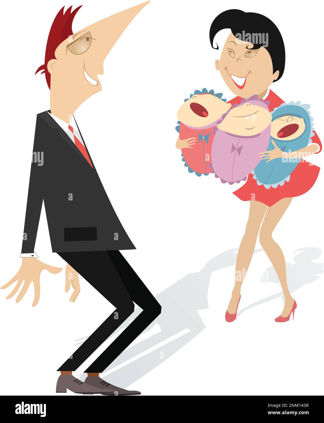 Confused father. Man surprised to become a father of three babies Stock ...