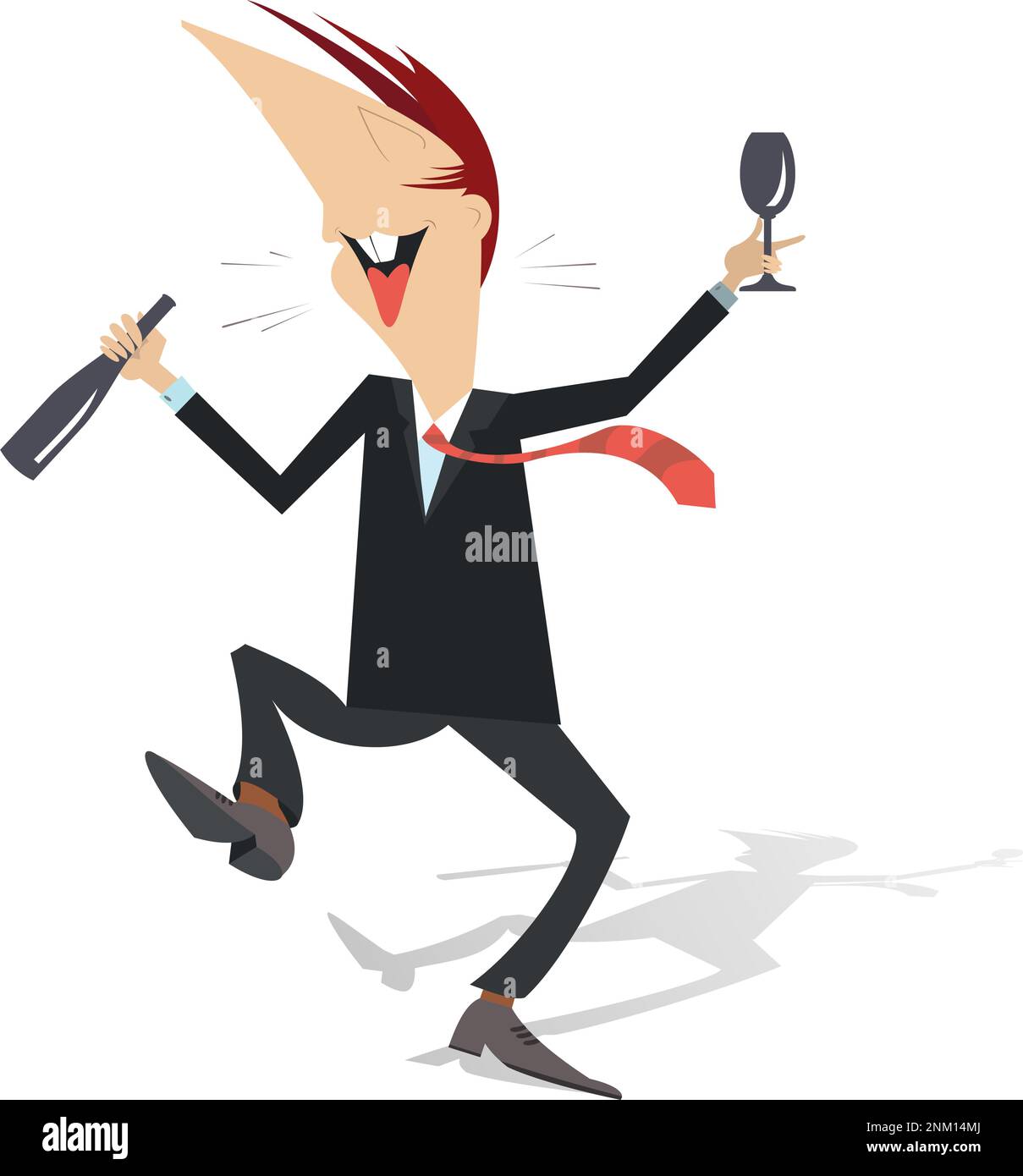 Dancing smiling man with bottle of wine and footed tumbler isolated on ...