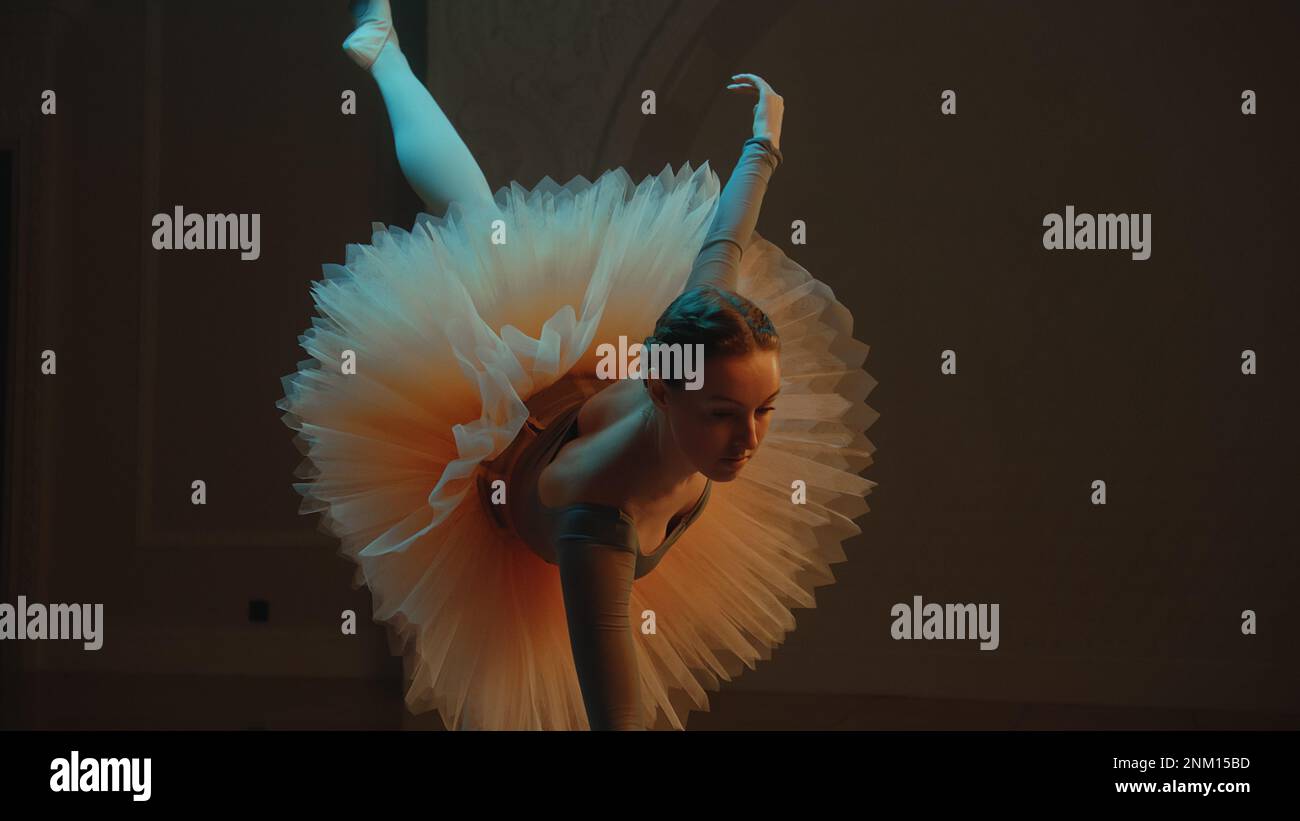 Cinematic shot of graceful ballerina in ballet tutu performing in dim ...