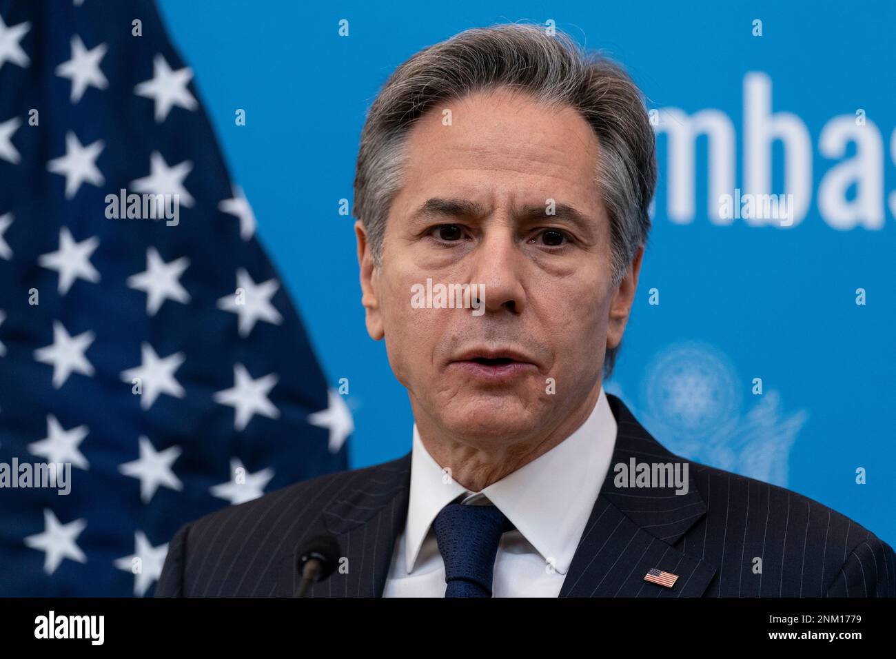 United States Secretary of State Antony Blinken speaks as he greets ...