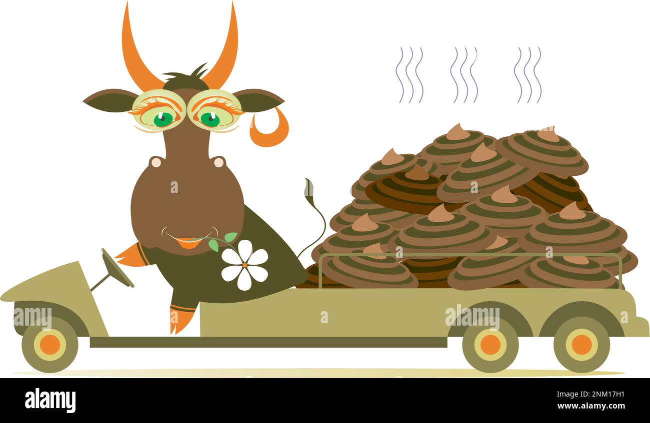 Cow, truck and organic manure illustration. Funny cow with a flower in ...