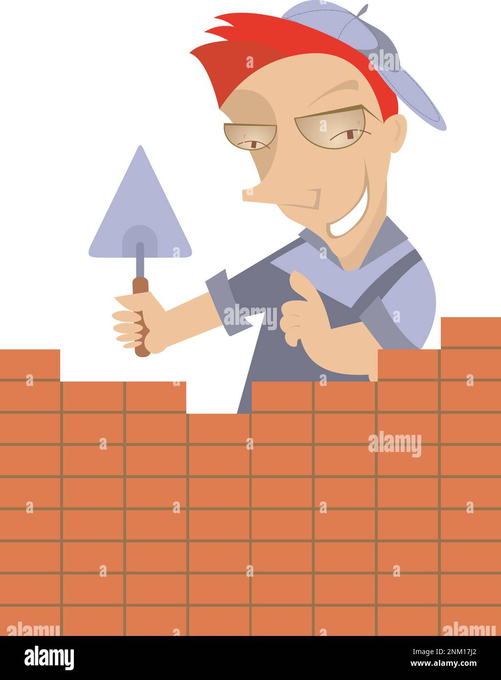 Smiling worker builds a brick wall illustration. Cartoon bricklayer ...