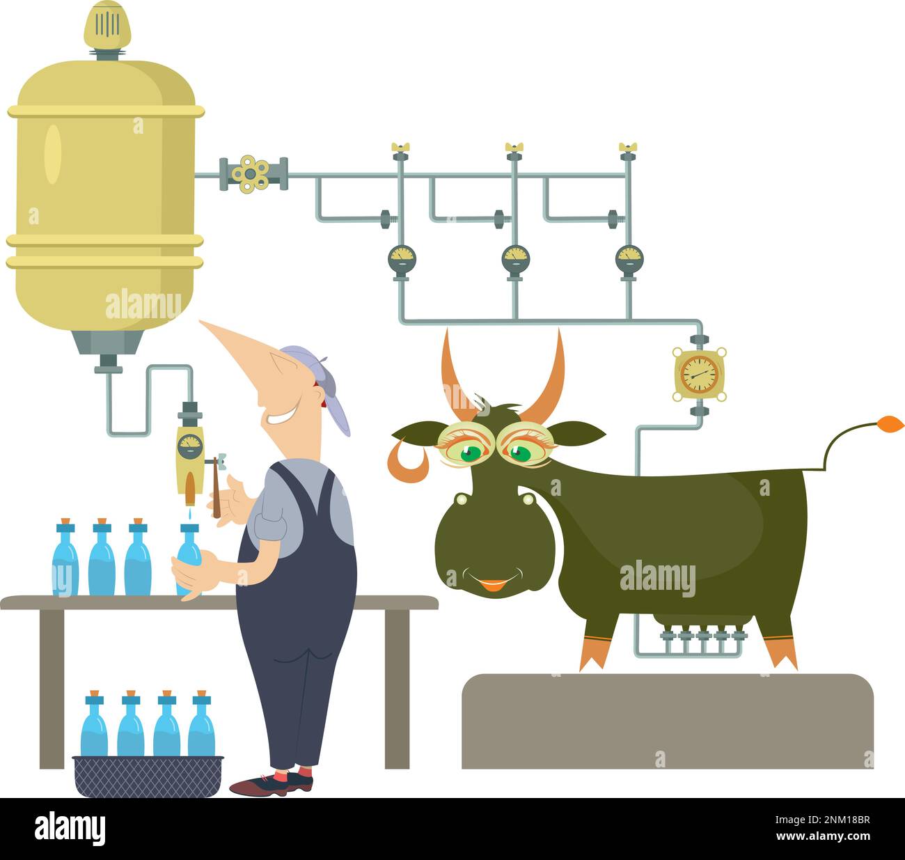 Milk farm, worker and cow illustration. Cartoon comic cow being milked ...