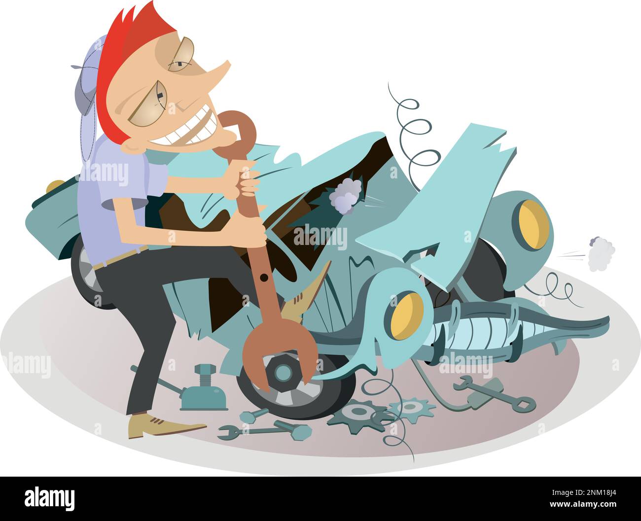 Cartoon mechanic repairs a car illustration. Cartoon mechanic with a ...