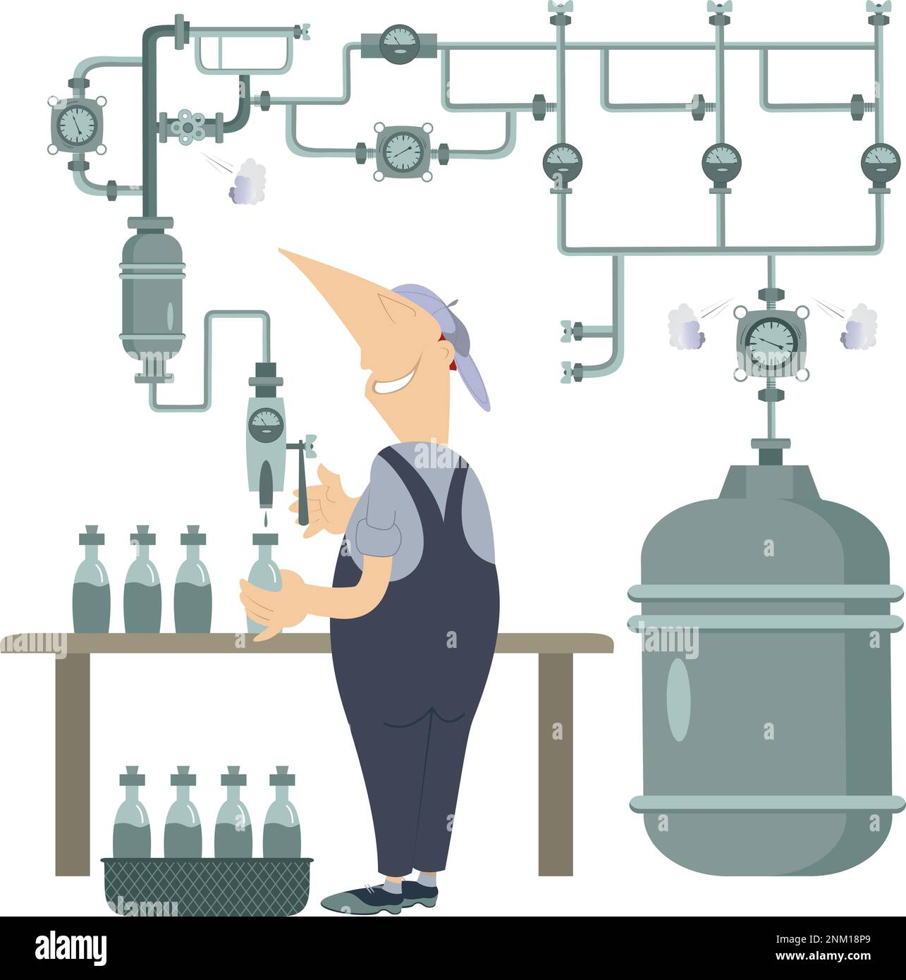 Pipe construction and a worker bottles a beverages illustration. Pipe ...